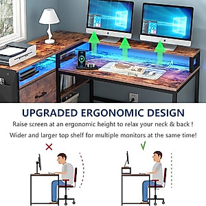 Loomie L Shaped Computer Desk with Power Outlets, 55"Wx41"D Reversible Corner Desk with LED Light, Drawer & Monitor Stand,Home Office Gaming Desk with 4 Tier Storage Shelves & Bag, Study Table,Rustic