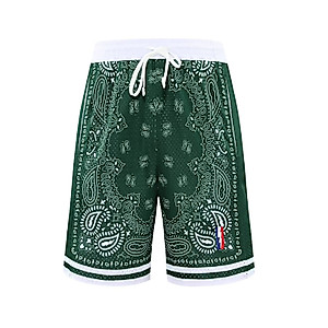 BOOMLEMON Men's Basketball Shorts Workout Athletic Paisley Shorts Mesh Print Running Short Pants(Green XS)