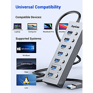 Powered USB 3.0 Hub, Aluminum 7-Port USB Data Hub Splitter with 5V/3A AC Adapter and Individual On/Off Switches, USB Hub Powered Charging for MacBook Pro/Air, PC, Laptops, Surface Pro,HP, etc