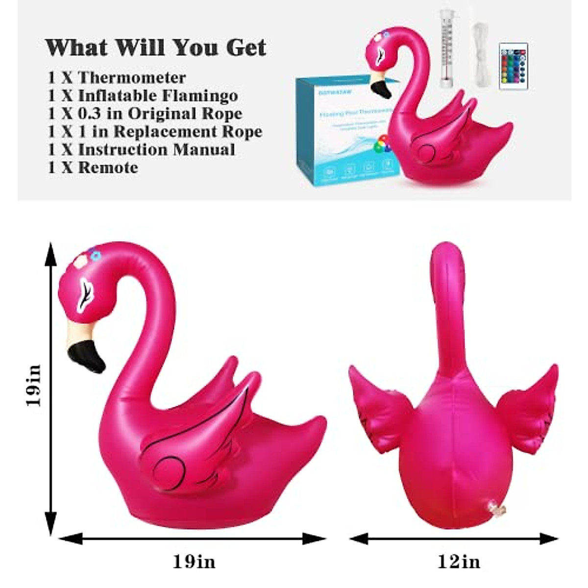 Floating Pool Thermometer with 19" Solar Pool Lights Pond Water Thermometer with RGB Led Lights Color Changing Swimming Pool Thermometer Water Temperature Thermometers for Hot Tub Inflatable Flamingo