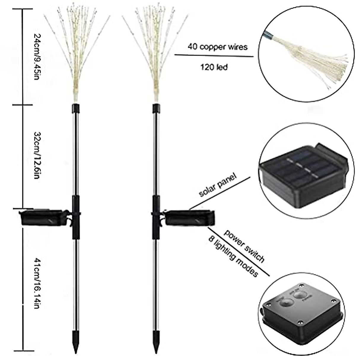 Rockabyee 2 Pack 120 Led Solar Firework Lights, 8 Modes Starburst Stake Lights, Outdoor Solar Garden Lights for Wedding Party Festival (Cool White)