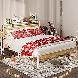 LIKIMIO Full Size Bed Frame, Platform Bed Frame with 2-Tier Storage Headboard, Solid and Stable, Noise Free, No Box Spring Needed, Easy Assembly, White and Log