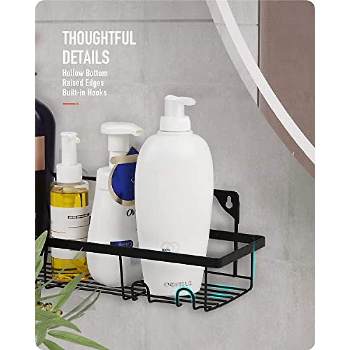 Baffect Shower Caddy, 5-Pack Non-marking Self Adhesive Shower Shelves, Black Bathroom Shower Caddy Shelf with Hooks Bathroom Essentials