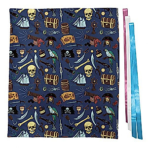Ambesonne Pirates Gift Bag, Various Vintage Style Mysterious Pirate and Theme Hand Drawn Elements Cartoonish, Reusable Fabric Party Favor Pouch with 3 Ribbons, 27" X 32", Multicolor