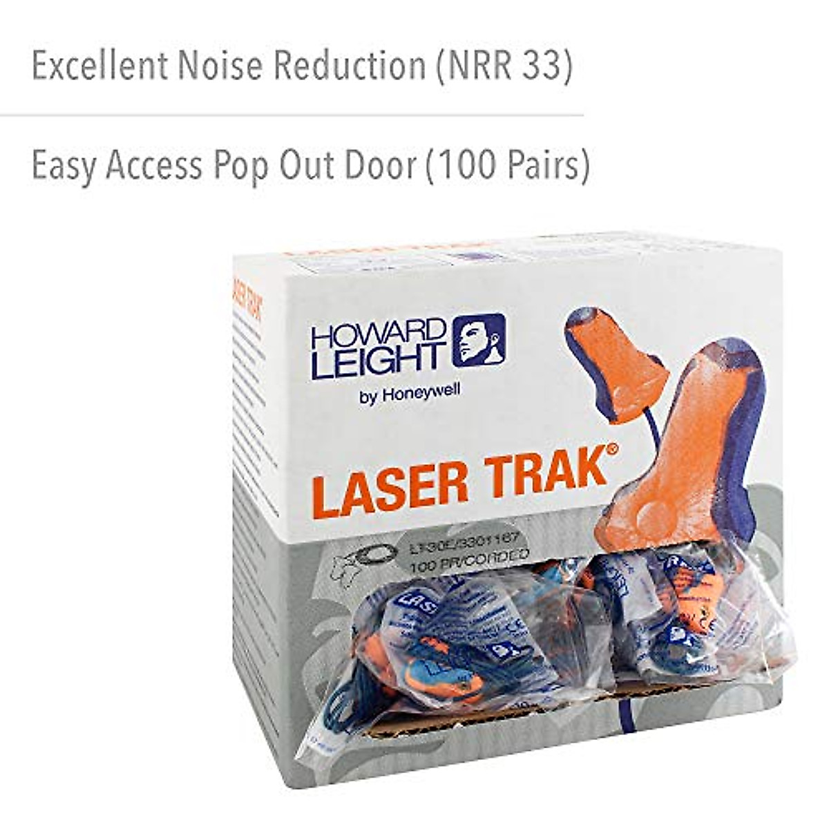Howard Leight by Honeywell LT-30 Hundred-Pair 32NRR Laser Trak Corded Single-Use Earplugs - Orange/Blue