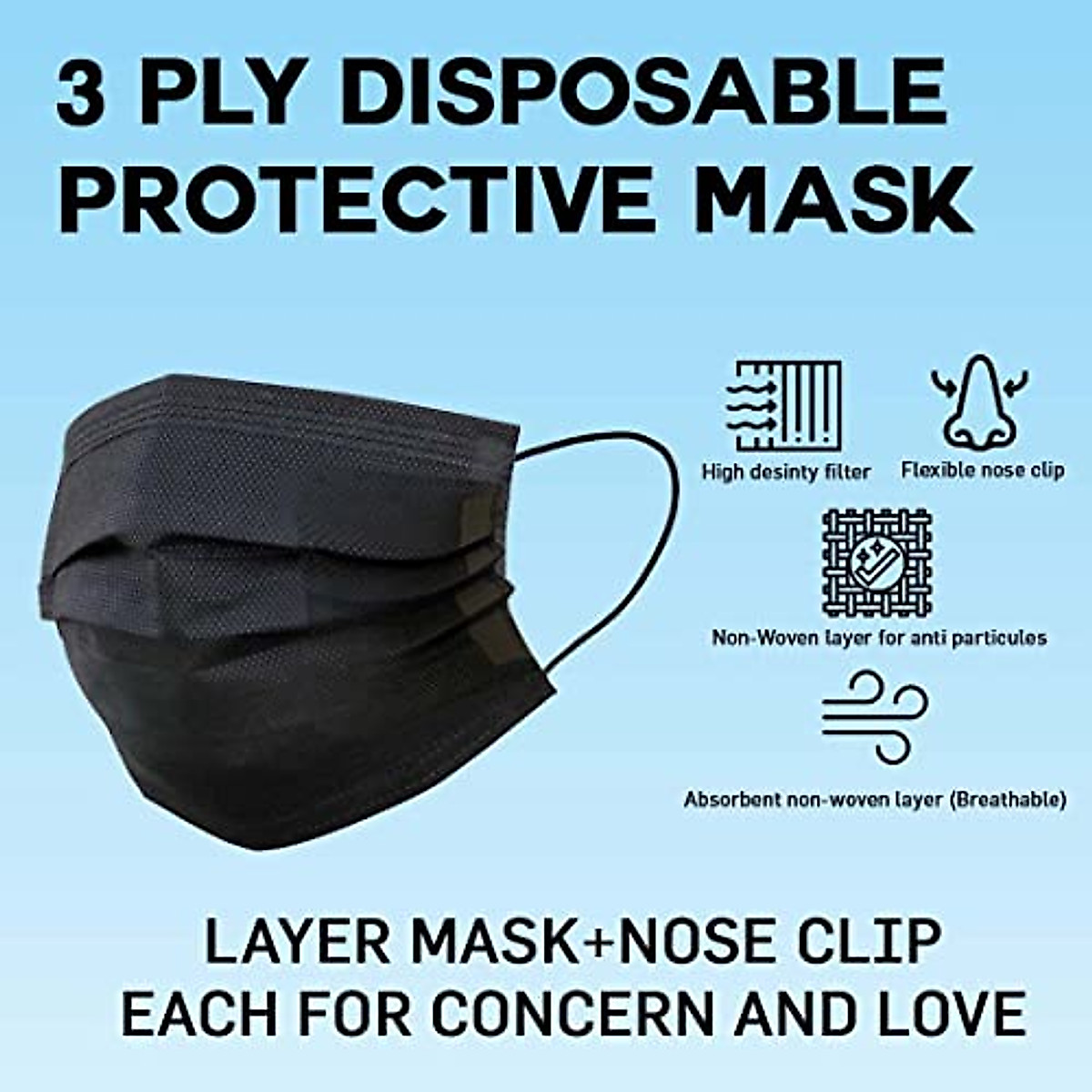 Disposable Face Mask Black 3-Ply - 50 Pcs, (TWR-BLK-50MSK)