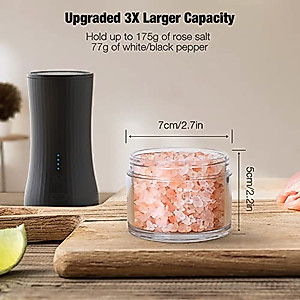 Electric Automatic Salt or Pepper Grinder, Pepper or Salt Mill Grinder USB Rechargeable, Upgraded Ultra-Larger Capacity with 3 Replaceable Container, LED Light, One Hand Operated
