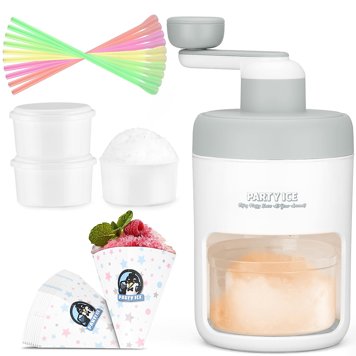 Party Ice Manual Shaved Ice Maker Machine, Ice Shaver Machine, Snow Cone Maker Machine, Portable Ice Crusher, 10 Cups 10 Spoon Straws & Recipes Included (Gray)