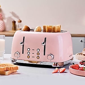 REDMOND 4 Slice Toaster Retro Stainless Steel Toasters with Bagel Defrost Cancel Function, 6 Browning Settings, Pink, ST033
