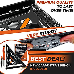 THORVALD 6-in-1 Carpenter Square 7 inch (1/16" Precision) T Square Multi-Purpose Carpenter Tools : Wrench, Square, Protractor, Ruler, Marking Gauge, Drill Gauge, Includes 2-in-1 Carpentry Pencil