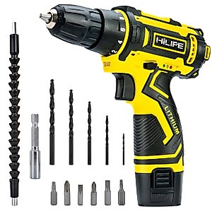 HILIPE Drill Set,12V Cordless Drill with Battery and Charger, Home Electric Power Drill Cordless, 3/8-Inch Keyless Chuck, 2 Variable Speed, 18+1 Position, LED Light and 15pcs Accessories