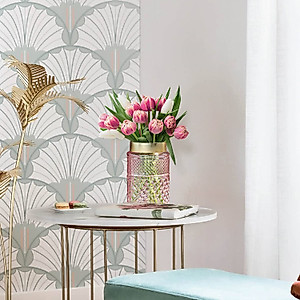 2-Pack Flower Vase Glass, Pink Fluted Vase with Golden Metal Top, Stylish Decorative for Tabletop Centerpiece, Kitchen, Living Room, Bedroom, Bathroom, Office(Blush Pink-Set of 2)