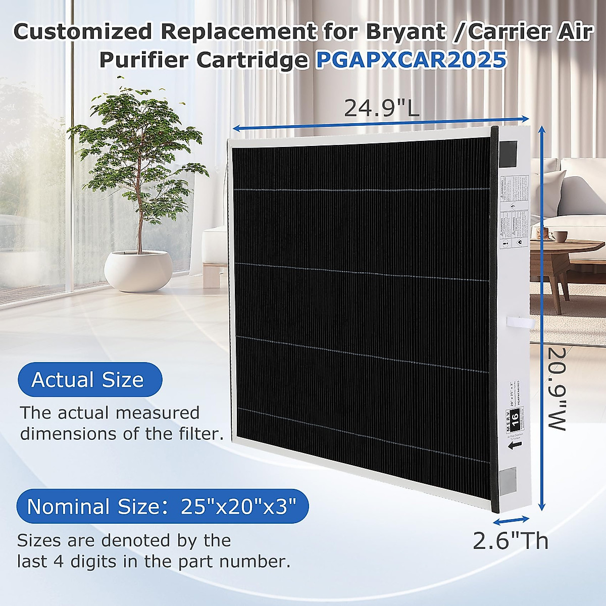 PGAPXCAR2025-A02 MERV-16 Air Filter for Bryant/Carrier Air Purifier Cartridge, Upgraded Filter Perfectly Fits for Bryant/Carrier PGAPAXX2025, PGAPXCAR2025, AGAPXCAR2025 Filter (20x25x3in)-2 Pack
