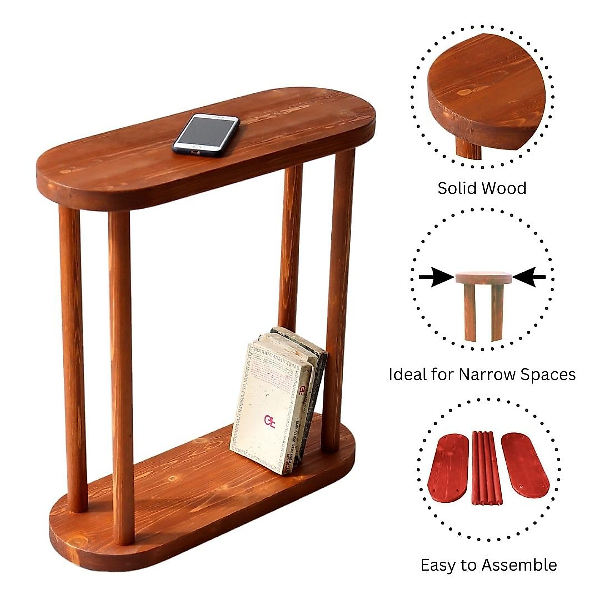 GENESIS WOODESIGN Oval Solid Wood Narrow Side Table, Slim End Table, Small Coffee Table (Chestnut, Large)