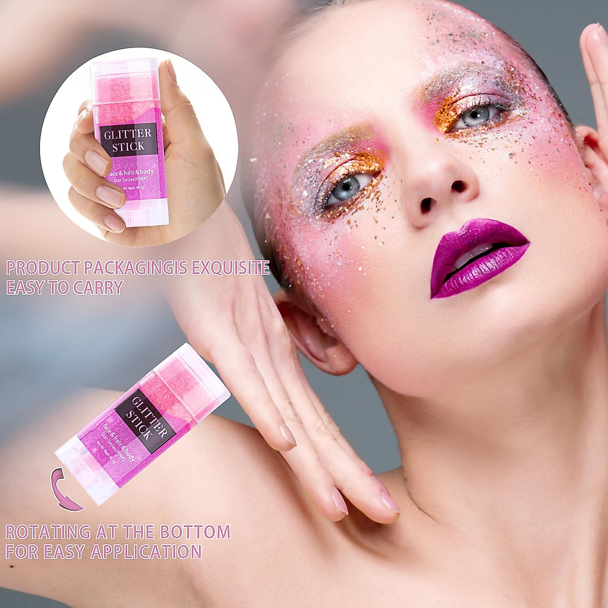 LemonSac Pink Body Glitter Stick, Singer Concerts Glitter Gel, Holographic Mermaid Sequins Chunky Glitter, Music Festival Rave Glitter Makeup for Body, Face, Hair and Lip, 0.56oz (01# Pink Glitter)