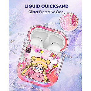Besoar for AirPods 1/2 Case Bling Glitter Liquid Quicksand Cute Cartoon Anime Kawaii with Keychain for Apple AirPod Cases Sparkly Design Covers for Girls Women Kids Covers for Air Pods 2nd/1st Shui