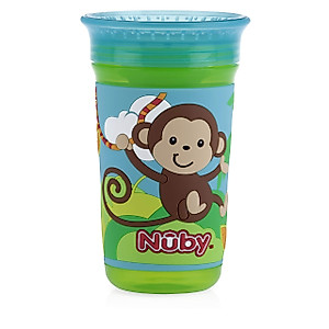 Nuby 360 Degree Easy Sip 3D Grip Wonder Cup with Printed Silicone Sleeve, 10 Oz, Monkey