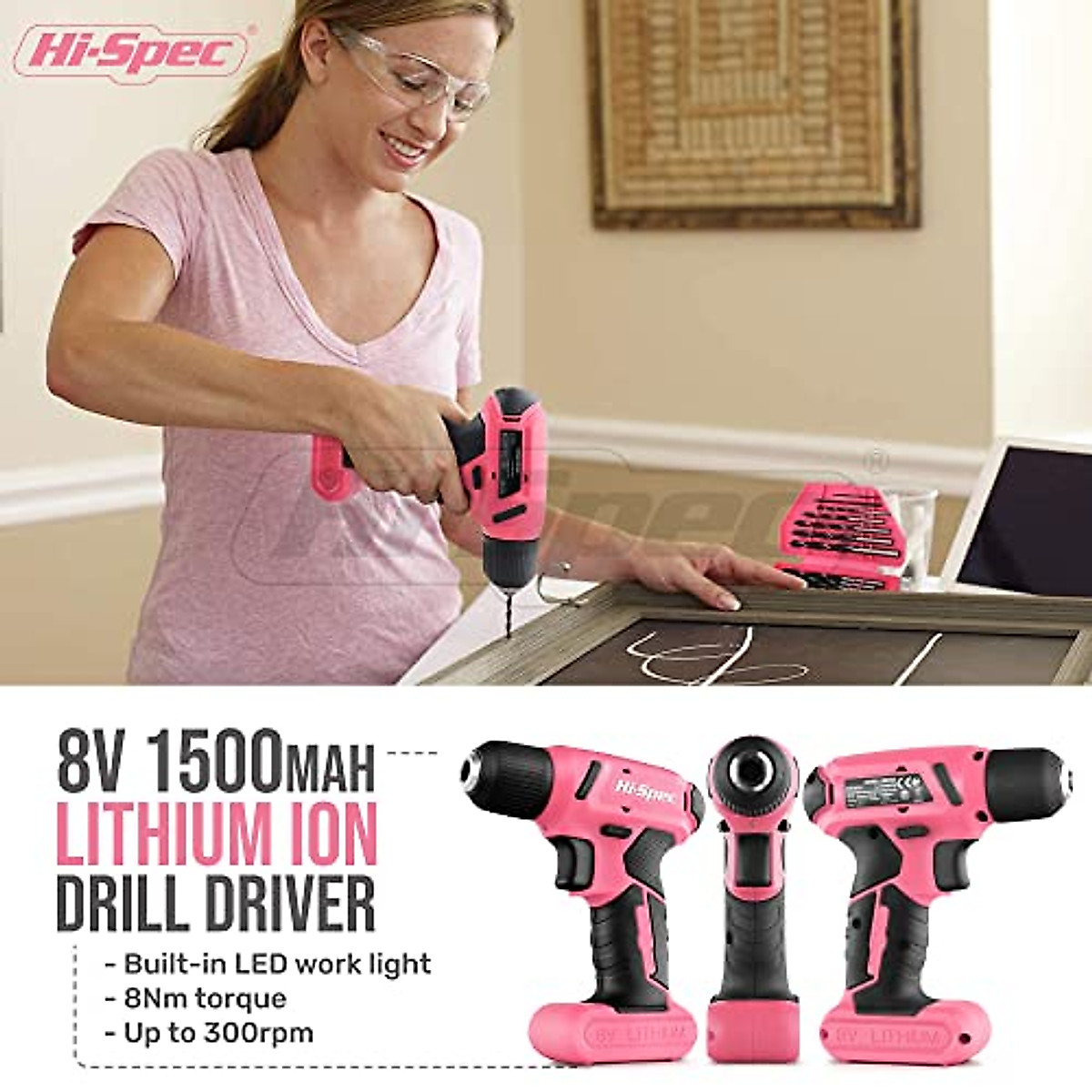 Hi-Spec 58pc Pink 8V USB Electric Drill Driver & Household Tool Kit Set With Variable Speed DIY Cordless Power Screwdriver