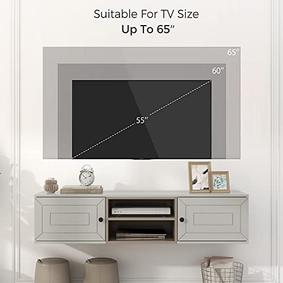 HAUSHECK Modern Floating Stand for 65 Inch TVs with 2 Large Storage, 3 Levels Adjustable Shelves, Cable Management & Magnetic Cabinet Door, Wall Mounted Entertainment Center Media Console, Beige