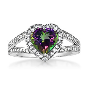 Gem Stone King 925 Sterling Silver Green Mystic Topaz and White Moissanite Ring For Women (2.91 Cttw, Gemstone Birthstone, Heart Shape 8MM, Available In Size 5,6,7,8,9)