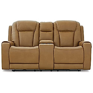 Signature Design by Ashley Card Player Contemporary Faux Leather Tufted Power Reclining Loveseat with Control and Adjustable Headrest, Light Brown