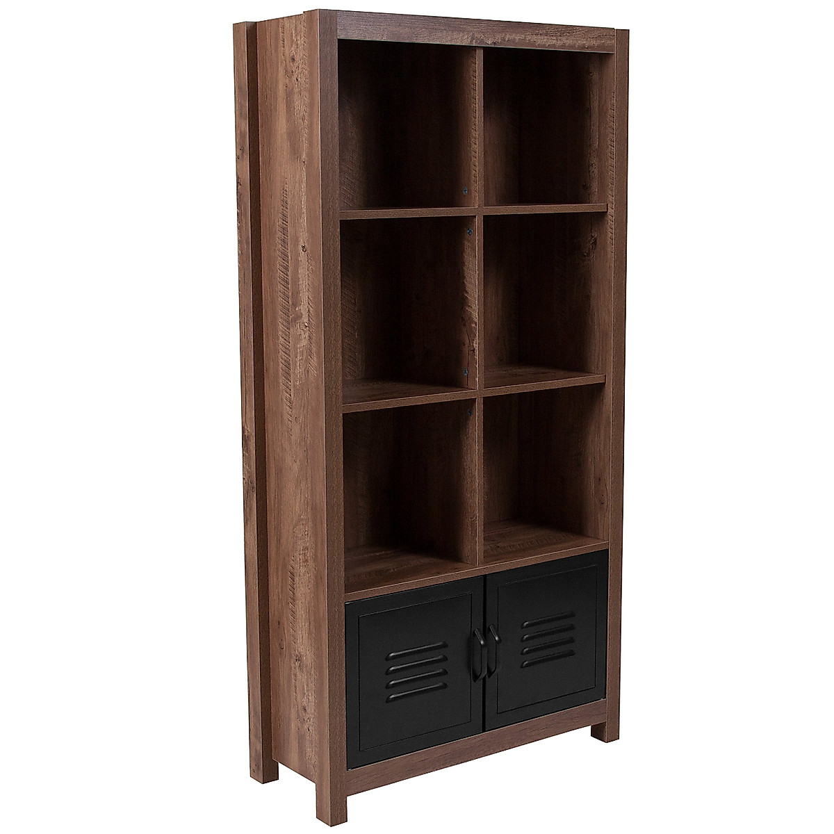 Flash Furniture New Lancaster Collection 59.5"H 6 Cube Storage Organizer Bookcase with Metal Cabinet Doors in Crosscut Oak Wood Grain Finish