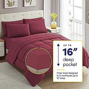 Sweet Home Collection 7 Piece Comforter Set Bag Solid Color All Season Soft Down Alternative Blanket & Luxurious Microfiber Bed Sheets, Burgundy, Queen