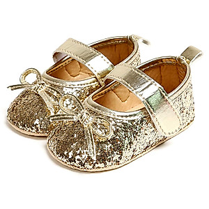 SOFMUO Baby Girls Mary Jane Flats Soft Sole Infant Moccasins Floral Sparkly Toddler Princess Wedding Party Holiday Dress Shoes (Gold,12-18 Months)