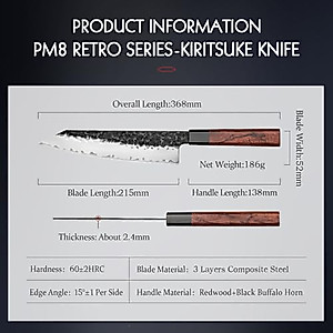 HEZHEN- 8.5” Chef Knife, 3 Layers High Carbon Clad Steel Kiritsuke Knife, Composite Forging Steel, Professional Japanese Kitchen Knife, Redwood Octagonal Handle With Wooden Knife Sheath