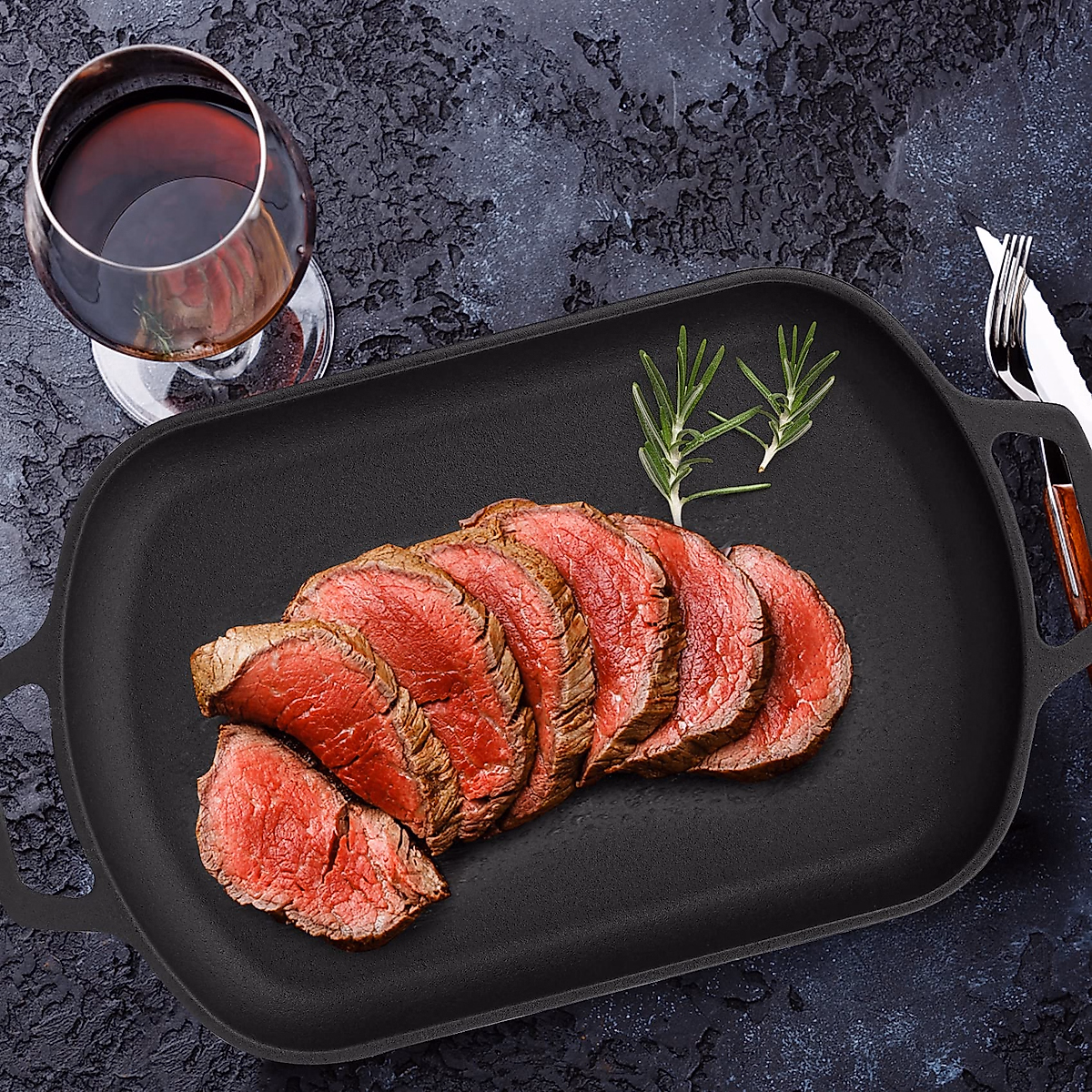 Mimiuo Cast Iron Sizzler Pan for Pizza Oven and Grill, 14 Inch Non-Stick Sizzling Fajita Skillet Rectangular Griddle Pan with Removable Handle for Stove Cooking Grilling Meats Seafood