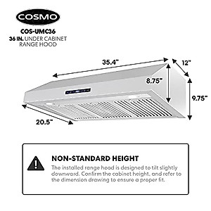 COSMO UMC36 36 in. Haven Collection 380 CFM Ducted Under Cabinet Range Hood, LED Lights, Touch Controls, Stainless Steel