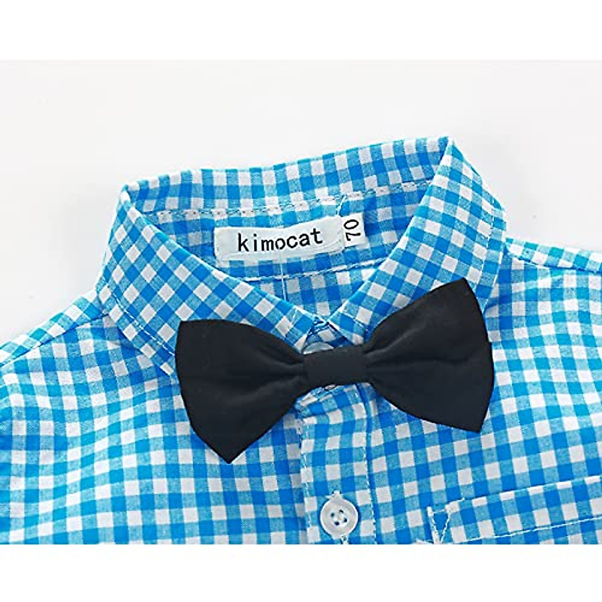 Kimocat Toddler Boy Clothing Sets Plaid Shirt Bowtie and Suspender Strap Pants Outfits (Blue, 0-6month(70#))