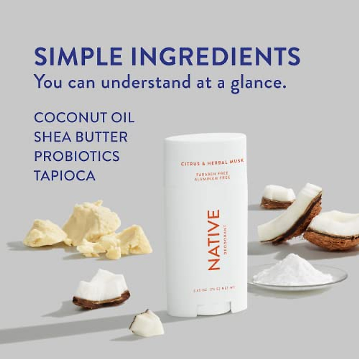 Native Deodorant | Natural Deodorant for Men and Women, Aluminum Free with Baking Soda, Probiotics, Coconut Oil and Shea Butter | Citrus & Herbal Musk