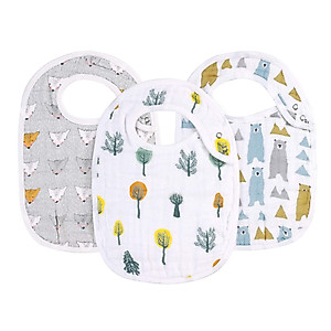 Snap Muslin Bibs for Boys & Girls, 3-Pack Baby Bibs for Infants, Newborns and Toddlers, 100% Cotton Muslin Absorbent & Soft Layers, Adjustable Snaps, “Bear,Hedgehog,Tree”