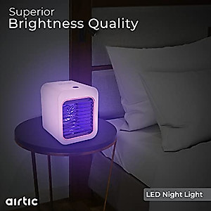 Airtic Mini Portable Air Cooling Fan, Personal Cooler, 3 Wind Speeds 2 Evaporative LED Light, Rechargeable Battery 4-16H, Small Fan for Office Desk Camping Tent Bed, White, 5.1 x 5.7 6.3