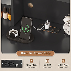 AOGLLATI Makeup Vanity Set with Lights, Vanity Desk with Mirror and Lights, Black Vanity Table with Cushioned Stool, Makeup Desk with Charging Station, Visible Drawers, Open Storage Shelves