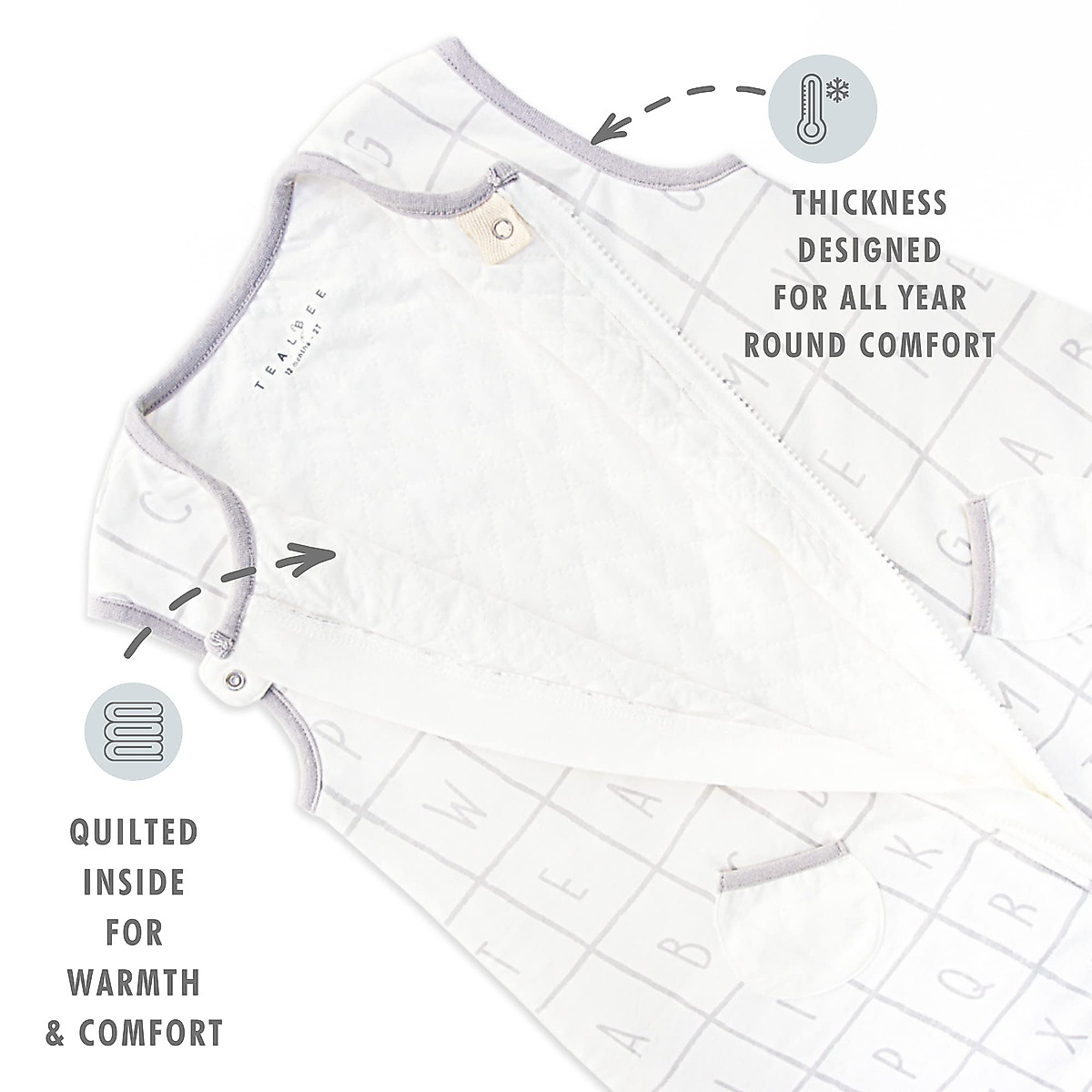 Tealbee DREAMSUIT: Toddler Sleep Sack with Feet 12-18 Months, 18-24 Months - 1.2 TOG Four Season Baby Wearable Blanket for Walkers - Bamboo, Organic Cotton Sleeping Bag (12m-2T) - Alphabet