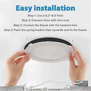 6 Pack 6 Inch 5CCT Ultra-Thin LED Recessed Lighting with Junction Box,2700K/3000k/3500K/4000K/5000K 5 Color Temperatures Selectable,12 W Canless Dimmable Slim Downlight