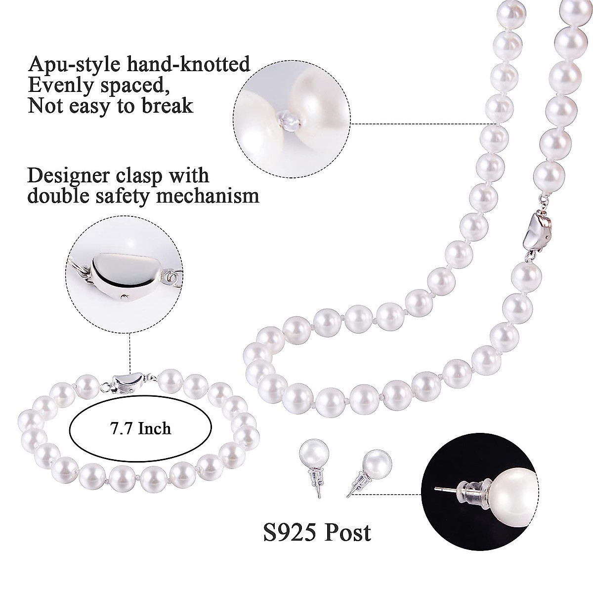 Senteria Pearl Necklace and Earring Set|Simulated Shell Pearl Choker Necklace for Women Men |Wedding Gifts for Brides Bridesmaid 16-22 Inch 6-8mm Hand Knotted Pearl Strand with Fine Gifts Box