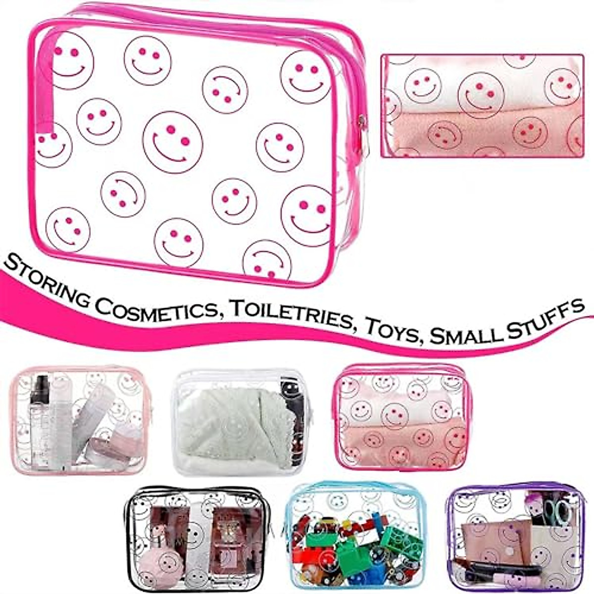 Clear Cosmetic Bags Smile Face Clear Makeup Bag Toiletry Bag for Women Waterproof Portable Cosmetic Bag Set Traveling Make up Bag Organizer (Black)