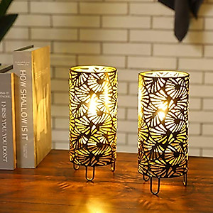 JHY DESIGN Set of 2 Metal Lamp Battery Powered 9''High Accent Cordless Lamp with LED Bulb Huge Fan Patterned Battery Lamp for Weddings Parties Patio Garden Indoors Outdoors Table Bed Room