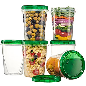 PLASTICPRO 6 Pack Twist Cap Food Storage Containers with Green Screw on Lid- 32 oz Reusable Meal Prep Containers - Freezer and Microwave Safe Green Plastic Food Storage