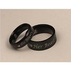 His Beauty Love Heart Women's Black Stainless Steel Engagement Wedding Bands Promise Ring Anniversary (Her Size 5)