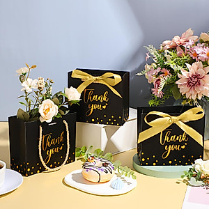 Jetec 45 Pcs Mini Paper Gift Bag Bulk 5.5x4.7x2.5'' Thank You Gift Bag with Handle Small Favor Bag with Bow Ribbon for Christmas Wedding Baby Bridal Shower Birthday Party(Black/gold)