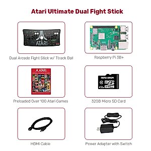 Atari Ultimate Arcade Fightstick USB Dual Joystick with Trackball 2 Player Game Controller Powered by Raspberry Pi 3B+ 1GB RAM 32GB Micro SD Card Preloaded Over 100 Classic Atari Games
