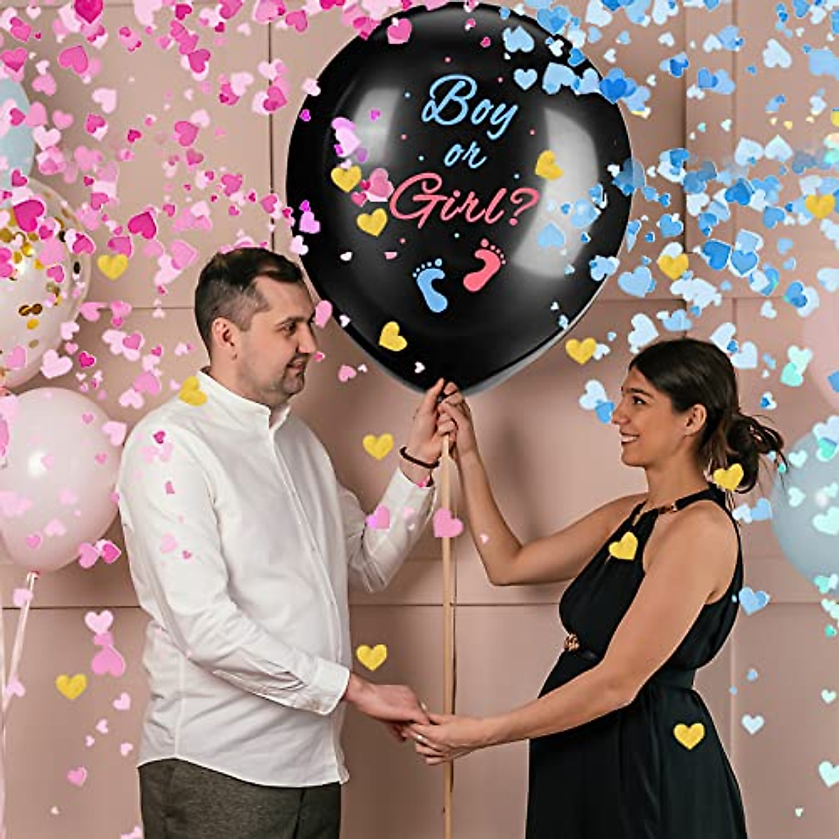 Gender Reveal Balloons, 1 Pack 36 Inch Black Boy or Girl Balloon with Pink and Blue Heart-Shaped Confetti for Gender Reveal Party Decorations