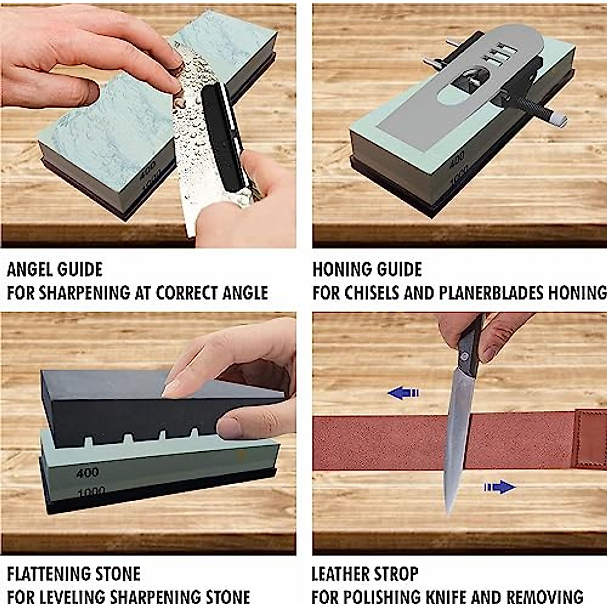 Parichan’ Professional Knife Sharpening Stone Kit – Premium 4 Grit 400/1000/3000/8000 Whetstone with Flattening Stone, Cut Resistant Glove, Bamboo Base, Fixed Angle, Angle Guide, Leather Belt