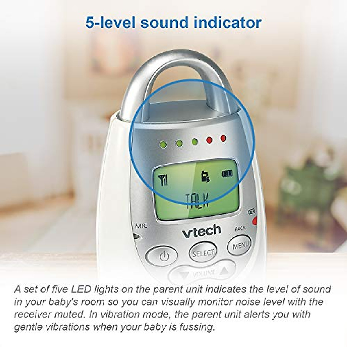 VTech DM221 Audio Baby Monitor with up to 1,000 ft of Range, Vibrating Sound-Alert, Talk Back Intercom & Night Light Loop, White/Silver
