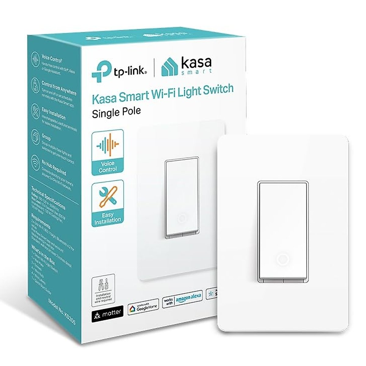 Kasa Matter Smart Light Switch: Voice Control w/Siri, Alexa & Google Assistant | UL Certified | Timer & Schedule | Easy Guided Install | Neutral Wire Required | Single Pole | 2.4GHz Wi-Fi | KS205