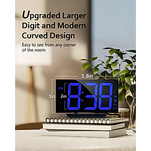 Digital Alarm Clock for Bedrooms, Digital Clock with Modern Curved Design, Conspicuous Blue LED Numbers, 6 Levels Brightness, 2 Volume, 3 Alarm Tones, Snooze, Power-Off Memory, 12/24H, Bedside Clock